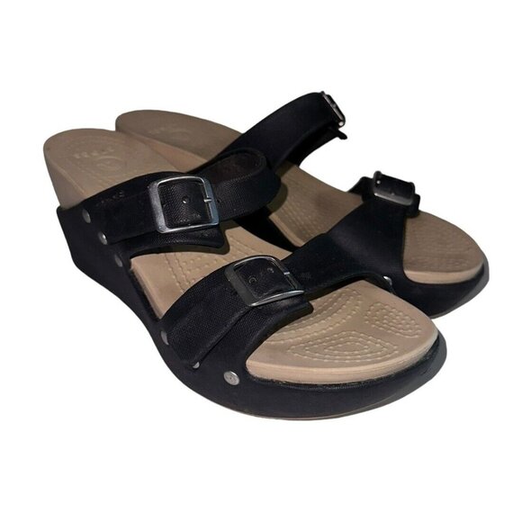 CROCS | Shoes | Crocs Cobbler Black Beige Wedge Buckle Strap Sandals ...